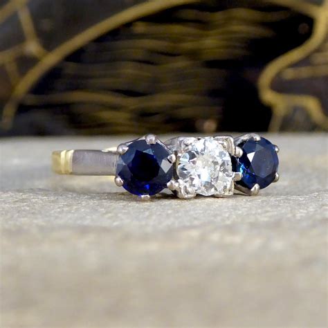 Vintage Sapphire And Diamond Three Stone Ring In 18ct Yellow Gold For