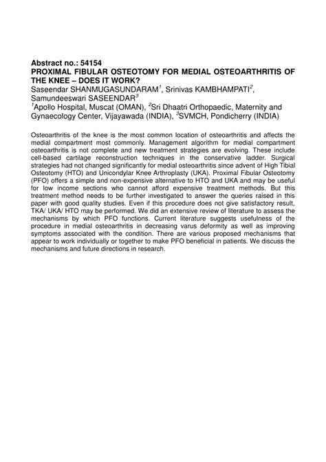 Pdf Abstract No 54154 Proximal Fibular Osteotomy For Medial