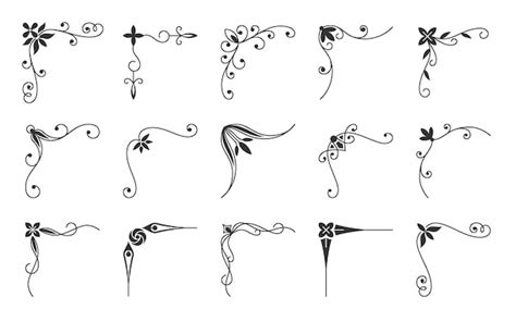 レトロなコーナー フレーム要素黒線セット ファンシー ヴィンテージ繁栄パターン デザイン アクセント 抽象的なビクトリア朝フィリグリー彫刻装飾