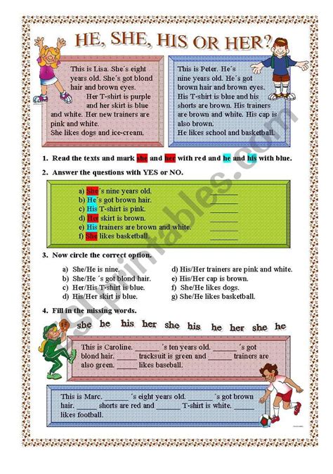 HE SHE HIS Or HER ESL Worksheet By Cli1