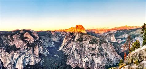 Yosemite Valley With Illuminated Half Dome At Sunset View From Glacier