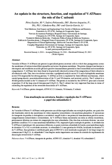 Pdf An Update In The Structure Function And Regulation Of V Atpases The Role Of The C Subunit