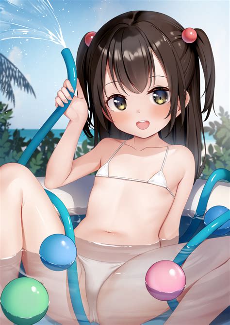 Yan Nicknikg Original 1girl Ball Bikini Day Flat Chest Green Eyes Hair Bobbles Hair