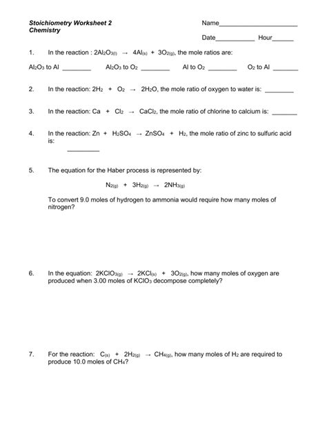 Stoichiometry Worksheets 1 Mole To Mole Calculations Answer