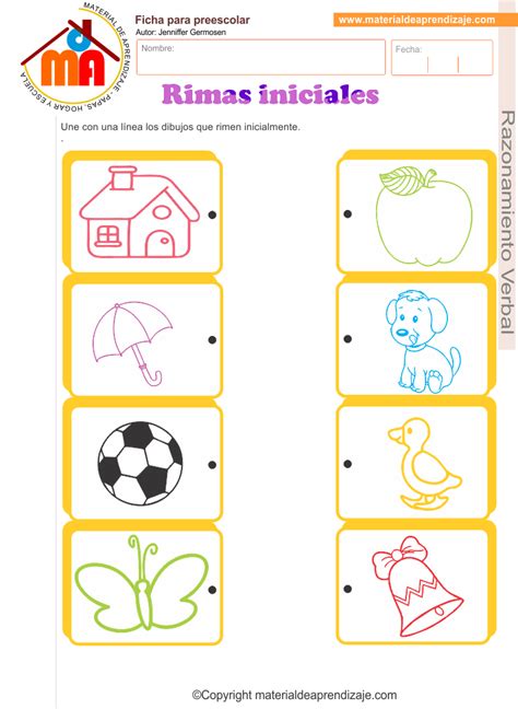 Ficha De Aplicación Rimas Iniciales Une Con Una Línea Los Dibujos Que