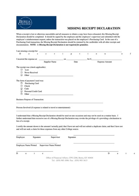 Missing Receipt Declaration Form Berea College Printable Pdf Download