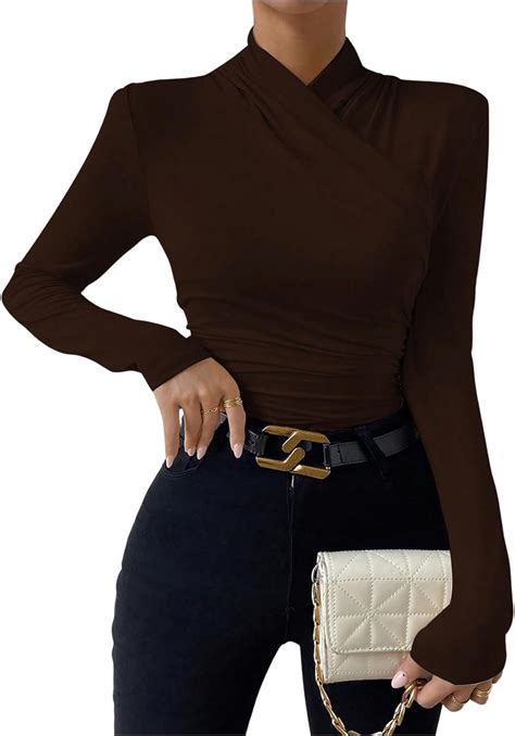 Sweatyrocks Womens Ruched Mock Neck Long Sleeve T Shirt Solid Slim