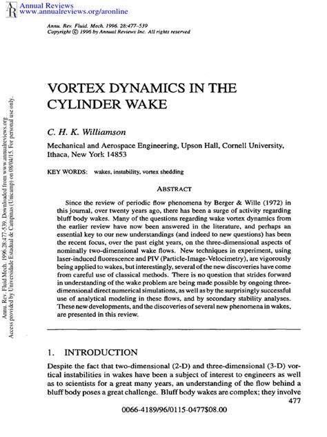 1996 Williamson Vortex Dynamics In The Cylinder Wake Ann Review Pdf