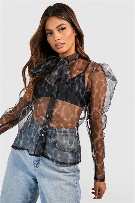 Leopard Organza Pussybow Blouse Boohoo Uk