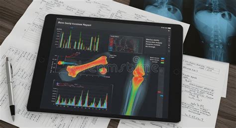 Medical Technology Bone Density Analysis Report On Tablet Displaying X Rays And Graphs Stock