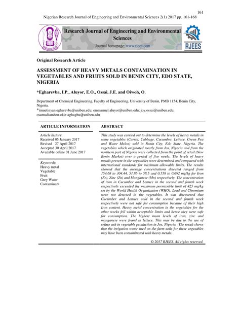 Pdf Assessment Of Heavy Metals Contamination In Vegetables And Fruits