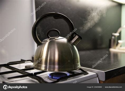 Kettle Boiling Water Kettle Boils Gas Stove Kettle Whistles Gas — Stock