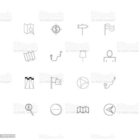แผนที่และการนําทางชุดไอคอนเชิงเส้นบาง ๆ ไอคอนเวกเตอร์อย่างง่ายที่จัด