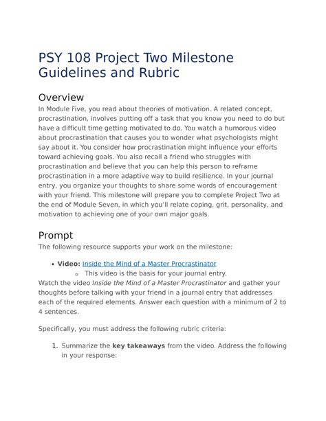 Project Two Milestone Psy 108 Project Two Milestone Guidelines And Rubric Overview In Module