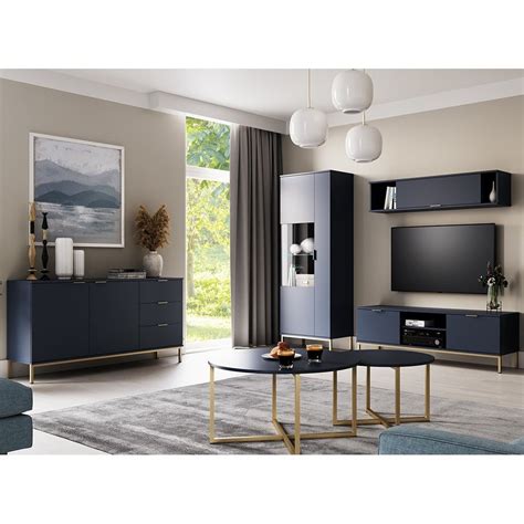 Lomadox Wohnwand Peria 132 6 St Marineblau Mit Goldfarbenen