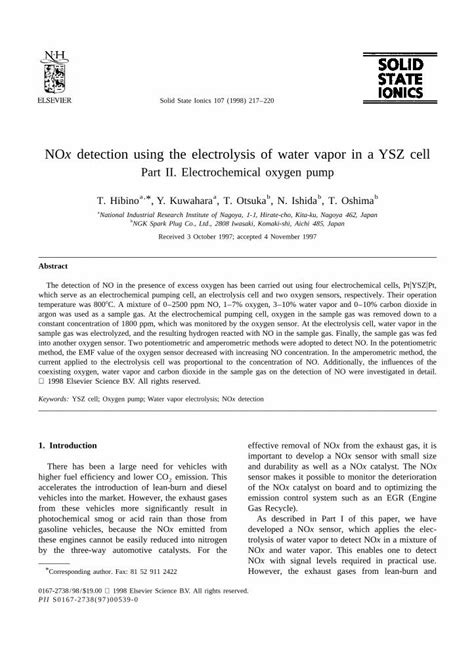 Pdf Nox Detection Using The Electrolysis Of Water Vapor In A Ysz Cell