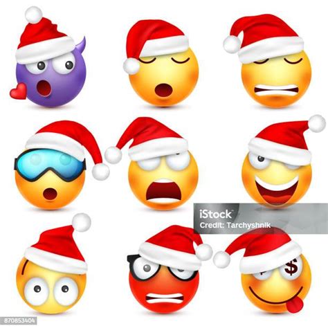 스마일 이모티콘 설정 감정과 크리스마스 모자와 노란 얼굴입니다 새 해 Santawinter 이모티콘입니다 슬픈 행복 화난