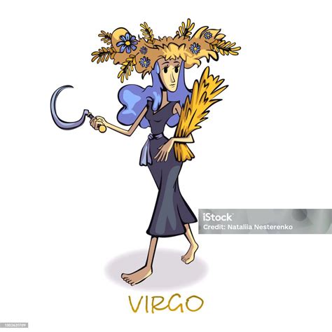 處女座生肖符號婦女平面卡通向量插圖女孩與小麥地球占星符號準備使用2d字元範本進行商業動畫列印設計孤立的漫畫英雄向量圖形及更多space And