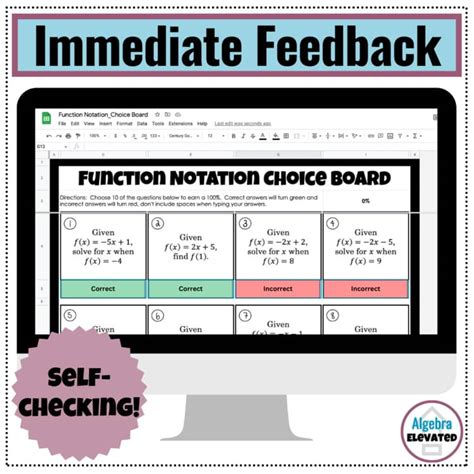 Evaluating Function Notation Choice Board Activity Algebra 1 Tpt