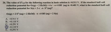 Solved 26 The Value Of Ecell For The Following Reaction In