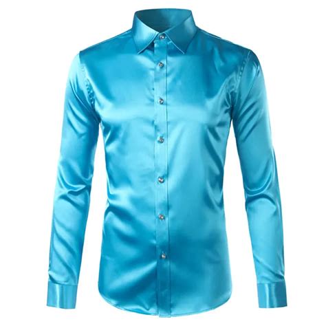 Royal Blue Slim Fit Silk Satin Shirt Men 2018 Brand New Long Sleeve
