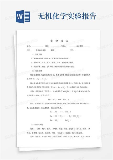 无机化学实验报告实验 粗食盐的提纯Word模板下载 编号qnbxkeoo 熊猫办公