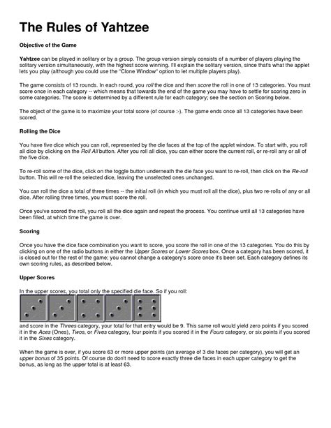 Yahtzee Printable Rules