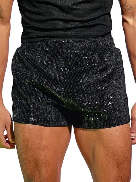 Wdirara Mens Contrast Sequin Elastic Waist Track Shorts Natural Waist