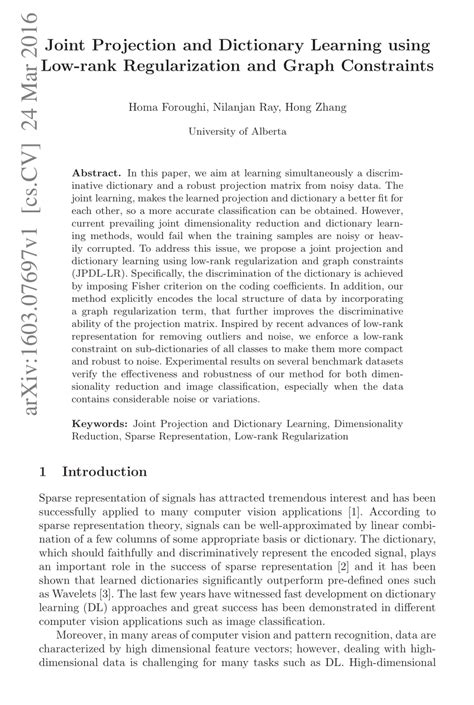 Pdf Joint Projection And Dictionary Learning Using Low Rank