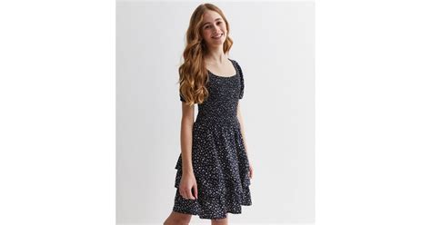 Girls Navy Ditsy Floral Shirred Mini Dress New Look