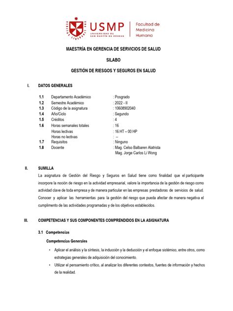 Sílabo Gestión De Riesgos Y Seguros En Salud Mgss Pdf