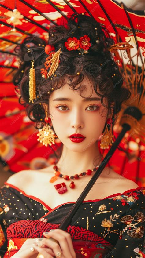 Premium Photo Elegant Woman In Traditional Asian Attire With Umbrella