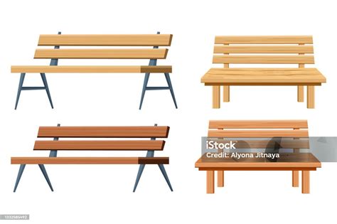 흰색 배경에 고립 된 만화 스타일의 벤치 공원 또는 정원 장식 세트 나무 상세하고 질감컬렉션 다른 보기 벡터 일러스트레이션 가구에 대한 스톡 벡터 아트 및 기타 이미지