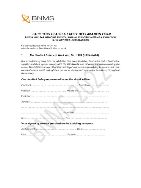 Fillable Online Exhibitors Health And Safety Declaration Form Fax