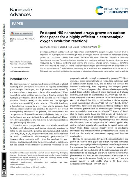 Pdf Fe Doped Nis Nanosheet Arrays Grown On Carbon Fiber Paper For A Highly Efficient