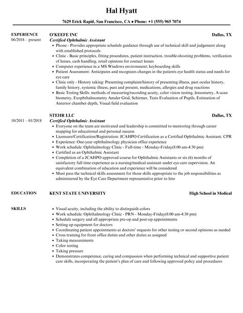 Certified Ophthalmic Assistant Resume Samples Velvet Jobs