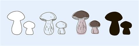 윤곽선 선 낙서 및 검은 실루엣 스타일로 그려진 포르시니 버섯 세트 파란색 배경에 벡터 일러스트레이션 0명에 대한 스톡 벡터