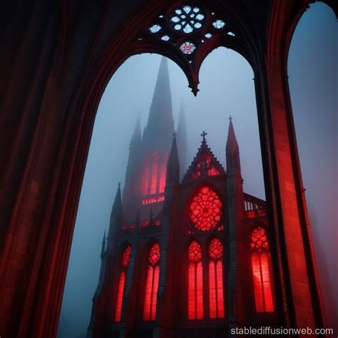 A Gothic Cathedral With A Tall Window The Window Is Glowing Red From