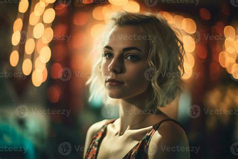 A Woman With Blonde Hair Stands In Front Of A Blurred Background Of