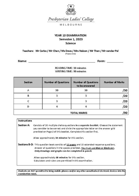 2023 yr10 sem1 exam sections b to d v final year 10 examination
