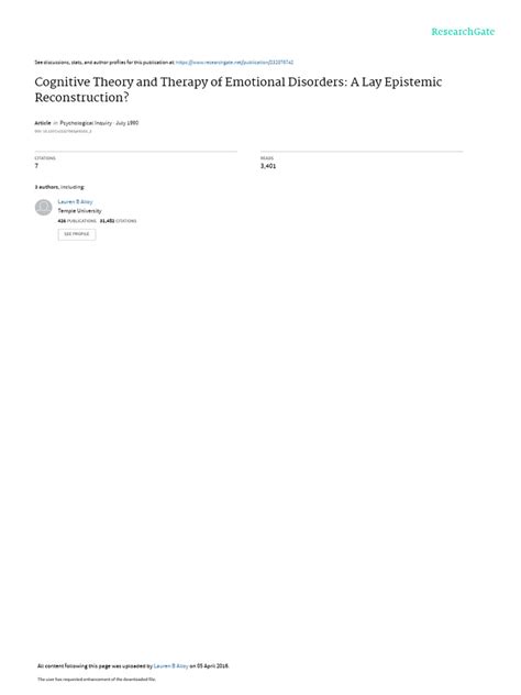 Cognitive Theory And Therapy Of Emotional Disorders A Lay Epistemic Reconstruction Pdf