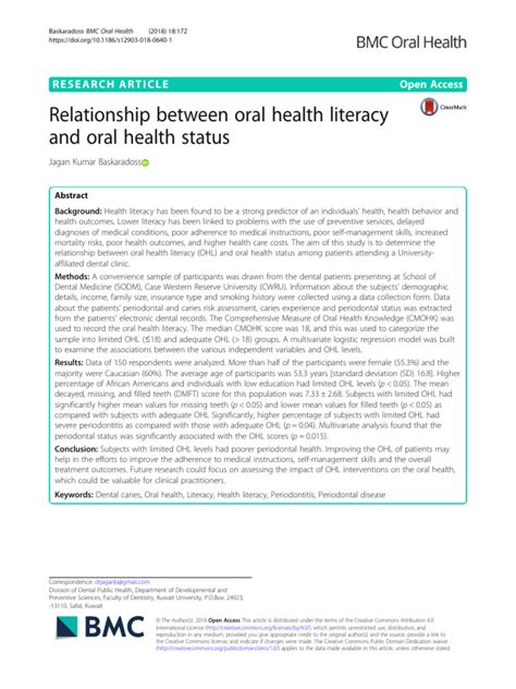 Relationship Between Oral Health Literacy And Oral Health Status Pdf