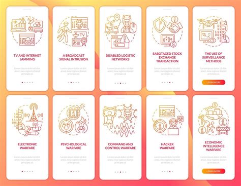 Information Warfare Red Gradient Onboarding Mobile App Screen Set Walkthrough 5 Steps Graphic