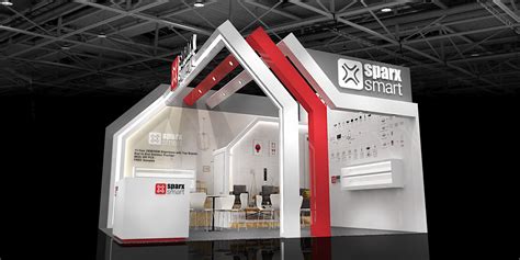 An Exhibition Stand With A Red And White Design On The Front Black Floor And Ceiling