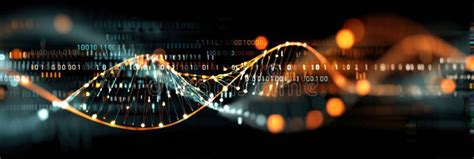 digital representation of a dna helix intertwining with binary code and