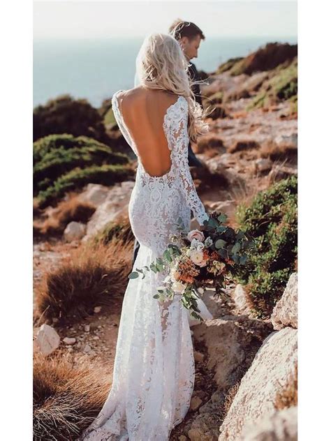 Sexy Backless Lace Mermaid Cheap Wedding Dresses Online Long Sleeves