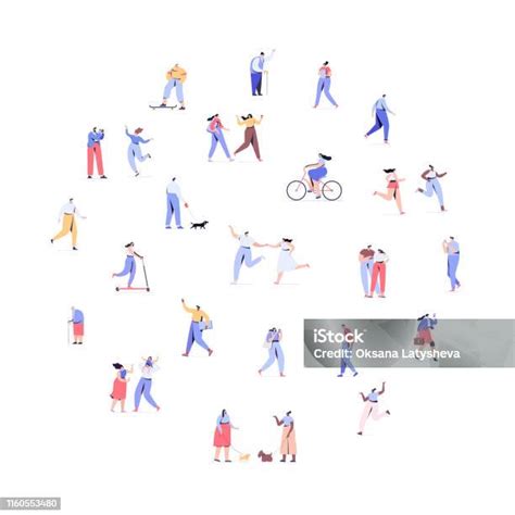 사람들의 군중은 원 모양으로 배열 남성 및 여성 키트입니다 다른 걷고 달리는 사람들 걷기에 대한 스톡 벡터 아트 및 기타 이미지