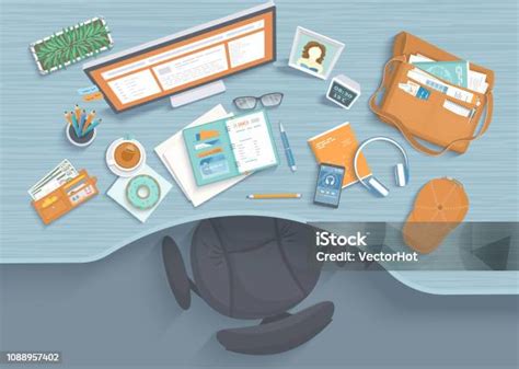 쉬는 시간 안락의 자 모니터 플래너 헤드폰 음악 종이 차 사진 도넛 가방 포트 전화 테이블 모자 현대적이 고 세련 된 직장입니다 상위 뷰 꼭대기에 대한 스톡 벡터 아트 및