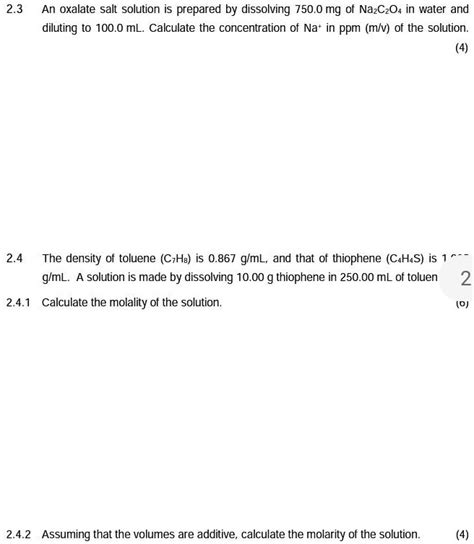 SOLVED 2 3 An Oxalate Salt Solution Is Prepared By Dissolving 750 0 Mg