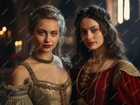 Premium Photo Two Medieval Hot Courtesans Wear Corset Smiling